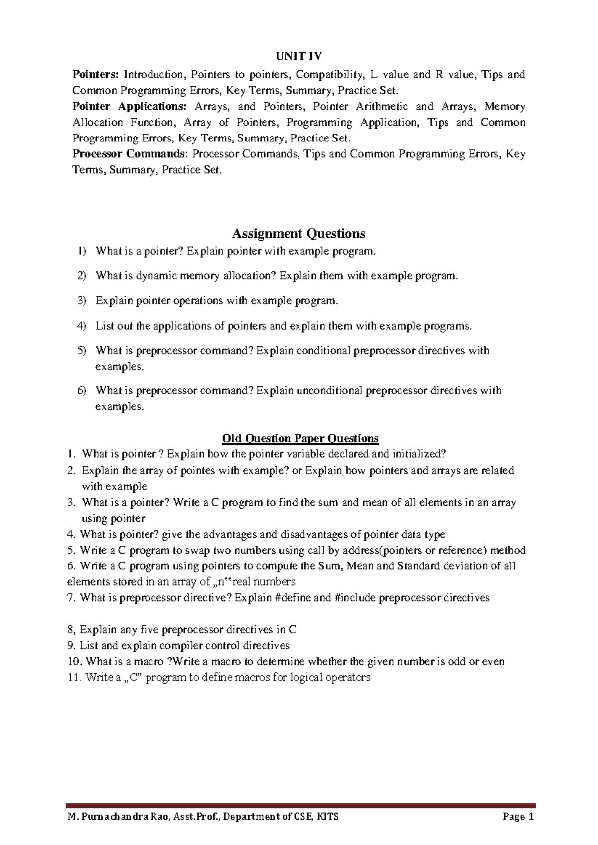 Unit-4 - USEFUL FOR ALL FIRST YEAR BRANCHES - UNIT IV Pointers: Introduction, Pointers to ...