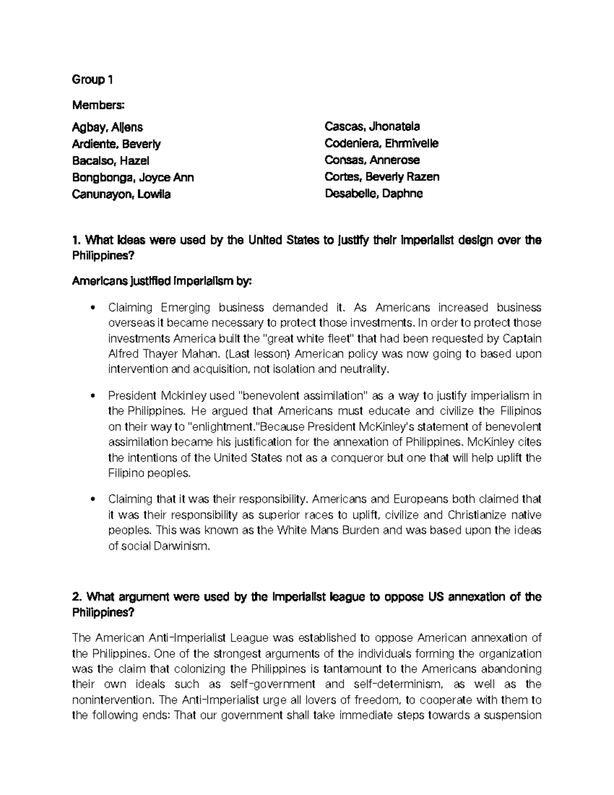 Group 1 (Semi-finals) - Imperialism and the Philippines Analysis - Studocu
