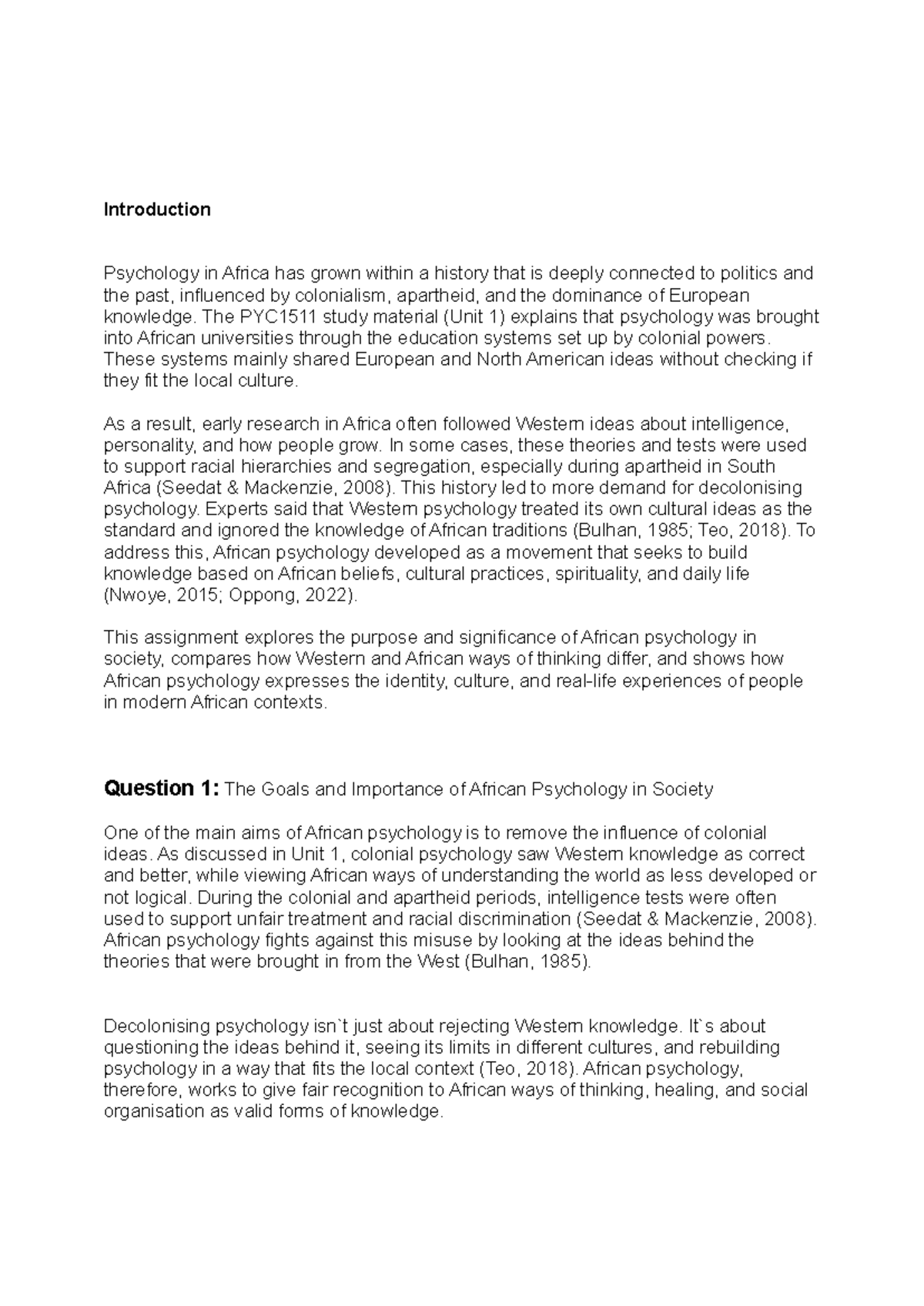 PYC1511 Exam: Understanding African Psychology and Its Impact - Studocu