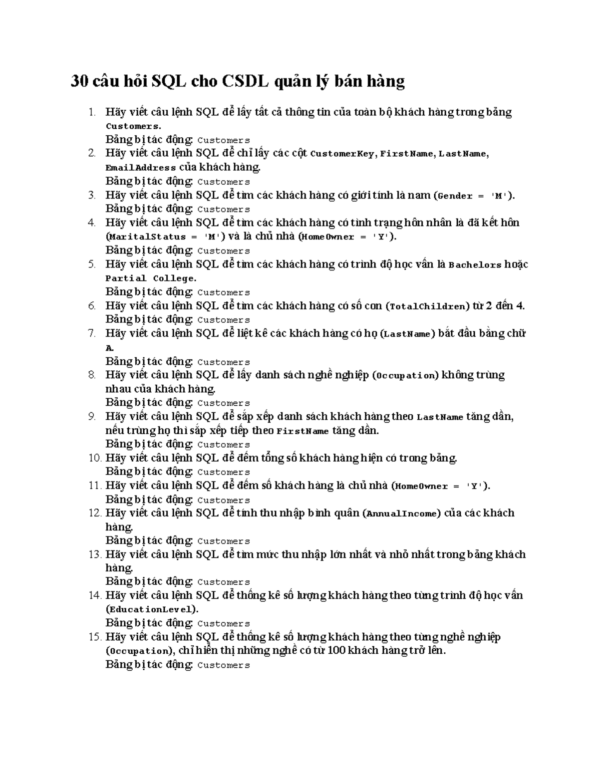 30 Câu Hỏi SQL cho CSDL Quản Lý Bán Hàng - Bảng Customers - Studocu