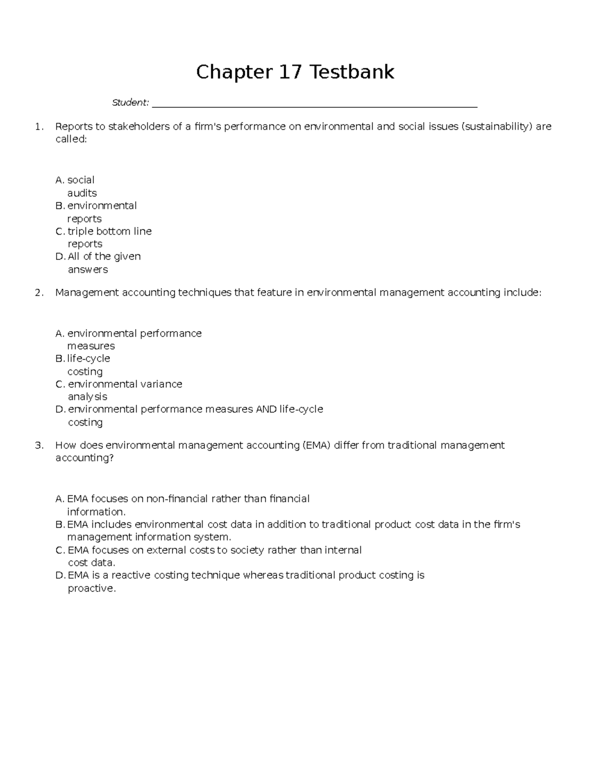 Chapter 17 Test Bank - AF201 Environmental Management Accounting Quiz ...