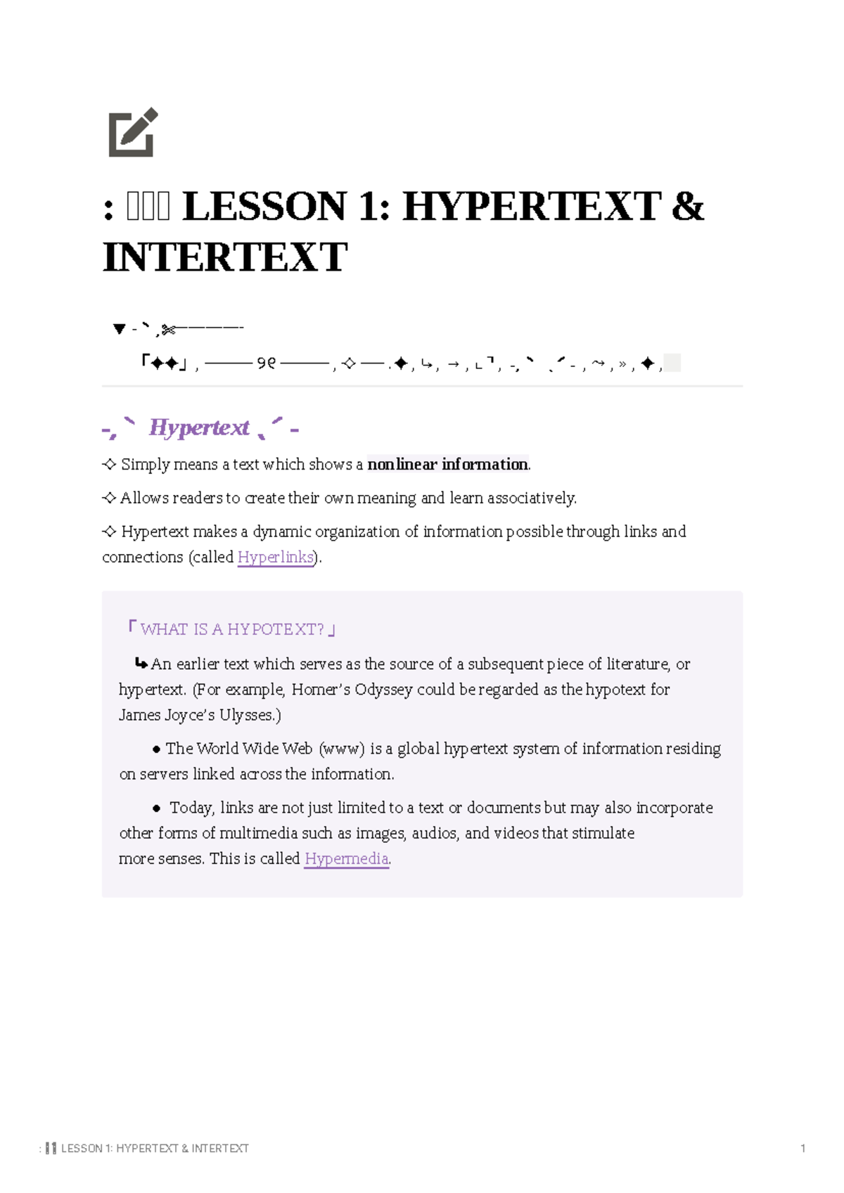 Lesson 1: Understanding Hypertext and Intertext Concepts - Studocu