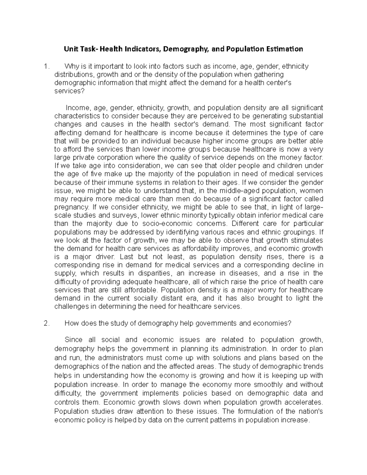 Demography biostats - ANSWER - Unit Task- Health Indicators, Demography, and Population ...
