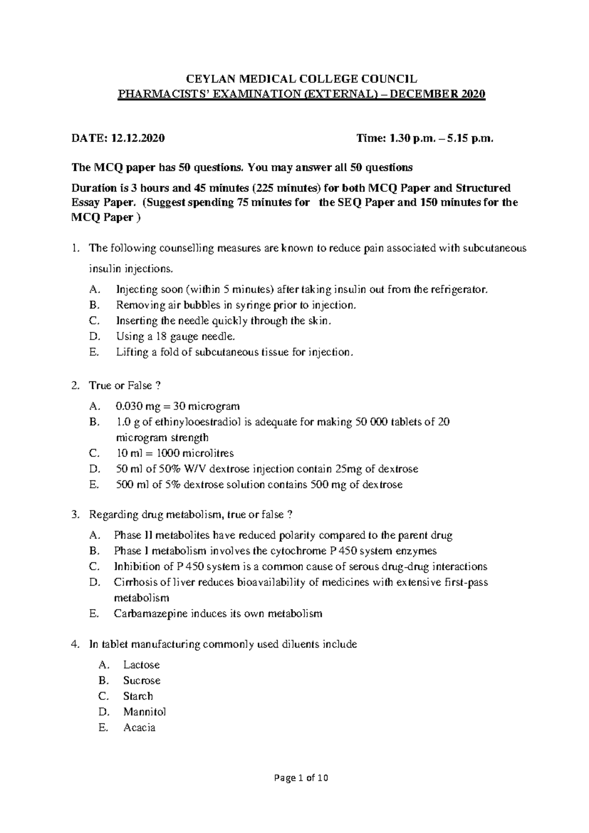 2020 Dec External Pharmacists' Exam MCQ Revision Notes - Studocu