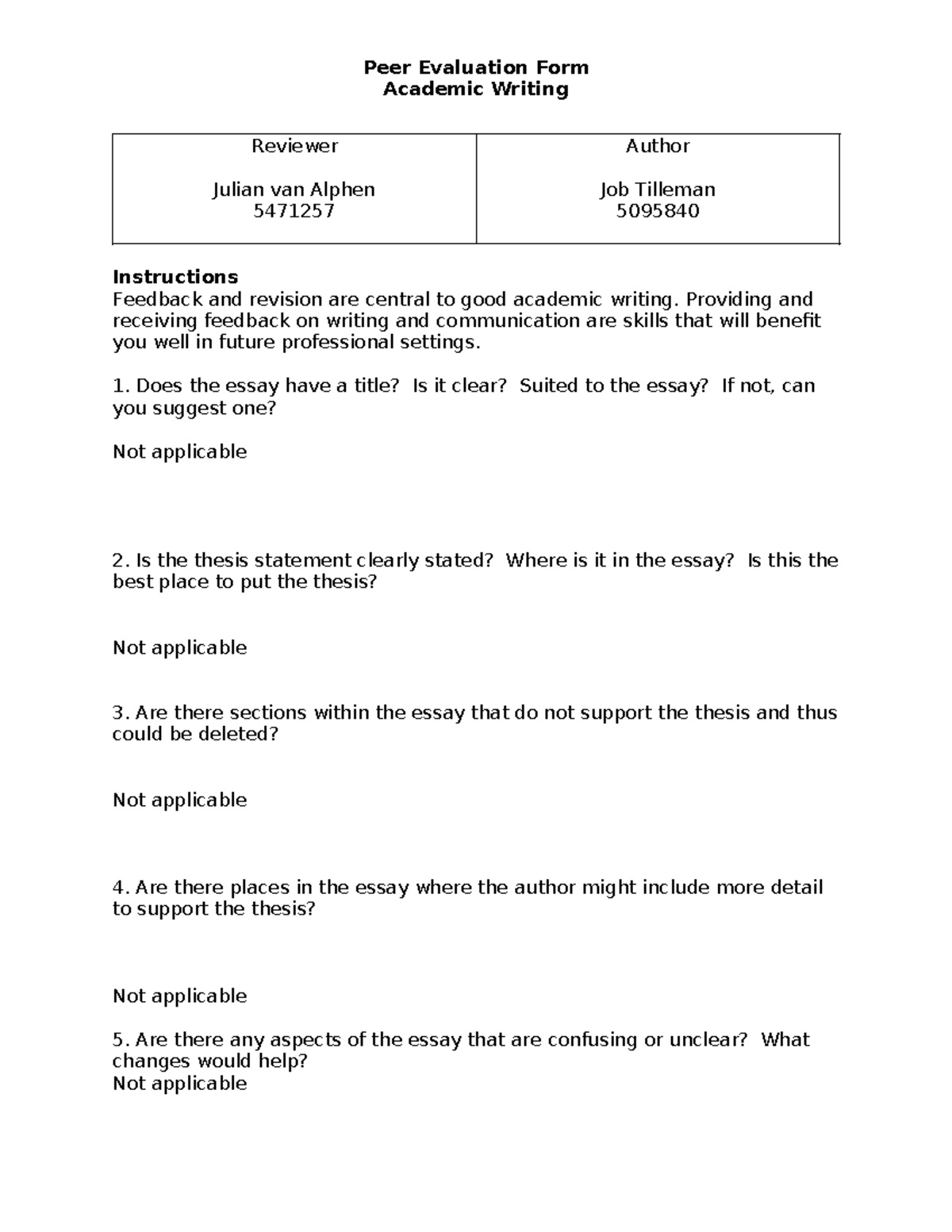 Peer Evaluation Form: Academic Writing Review (ENG 5471257) - Studeersnel