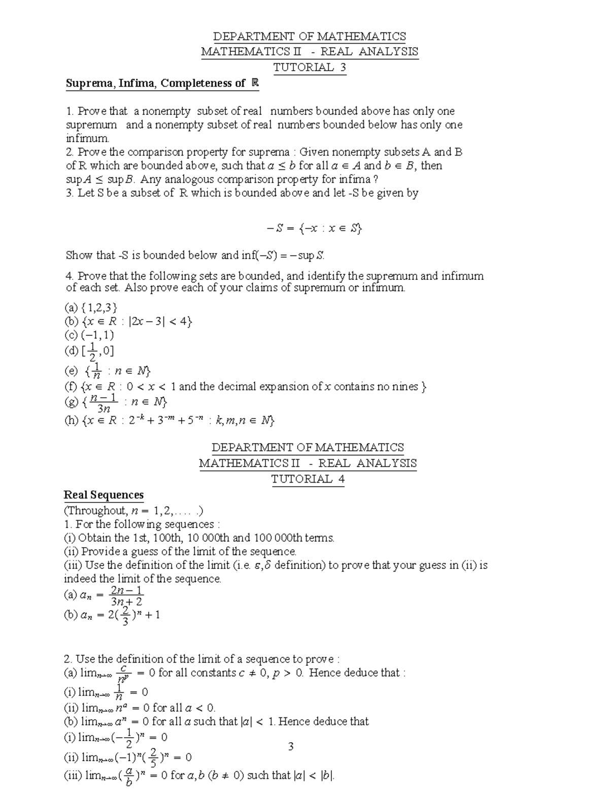 MATT202 TUTORIALS 3 & 4 - Real Analysis Practice Problems - Studocu