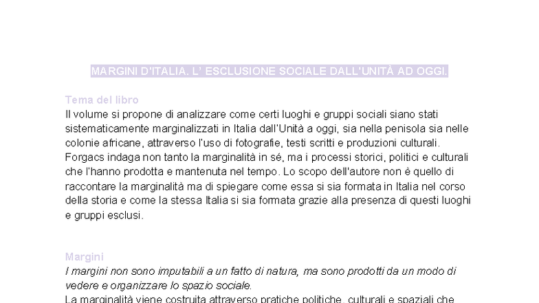 Margini d'Italia: Esclusione Sociale dall'Unità a Oggi - Studocu