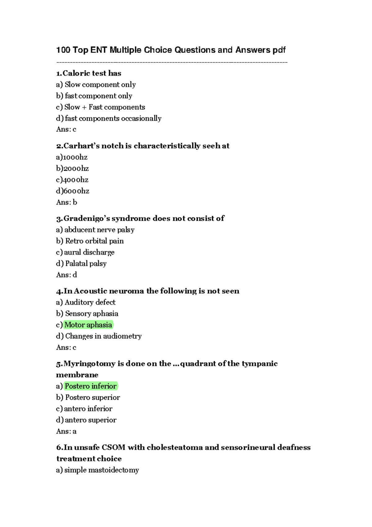 100 Essential ENT MCQs with Detailed Answers for Exam Prep - Studocu