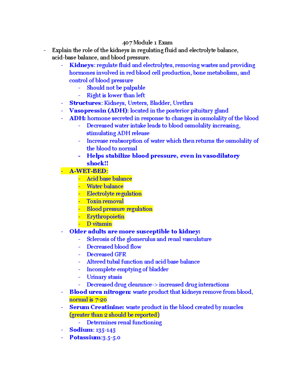 407 Module 1 Exam Study Guide: Kidney Functions & Nursing Management ...
