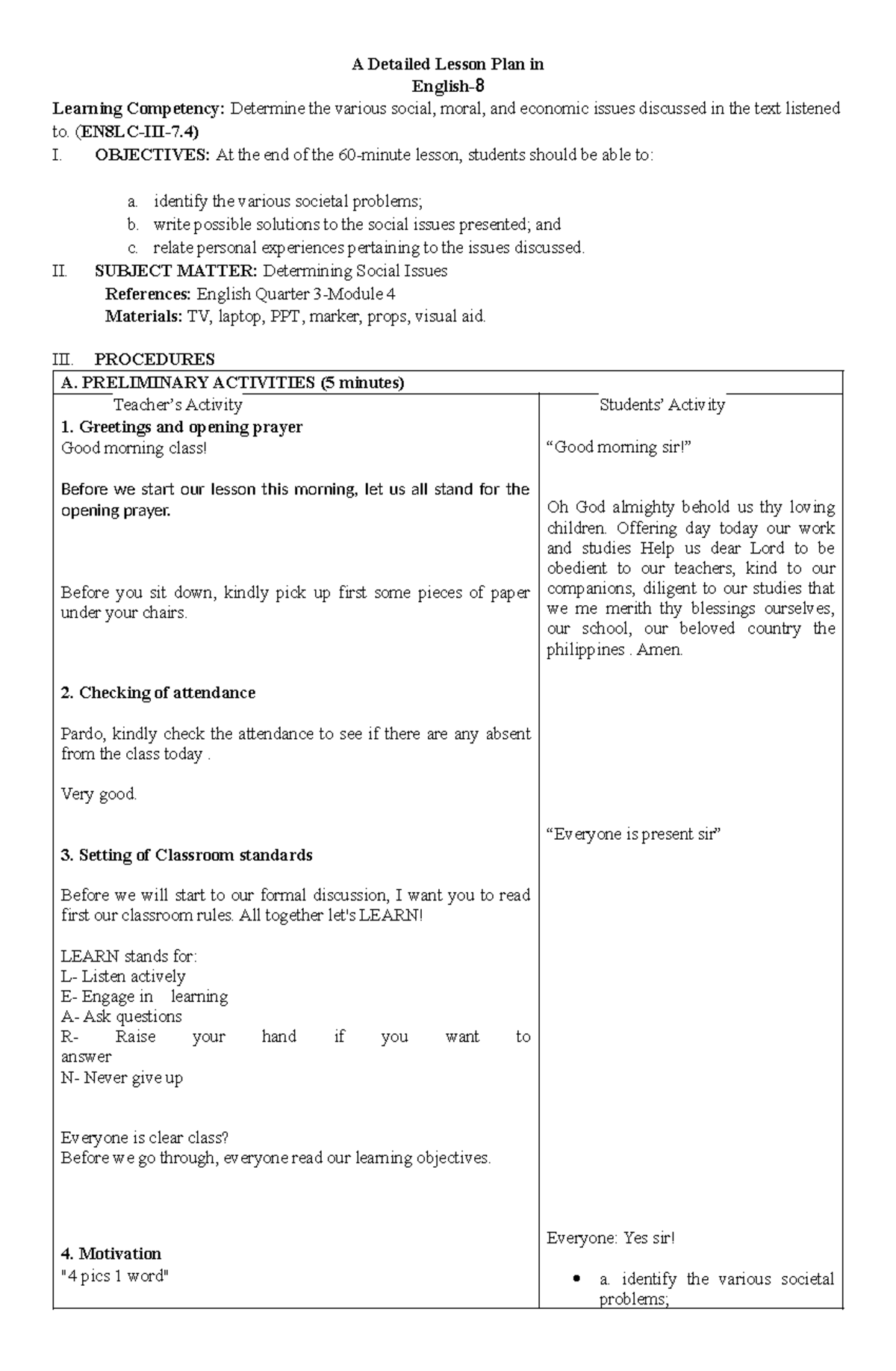 Final Lesson Plan EN8: Exploring Social Issues and Solutions - Studocu