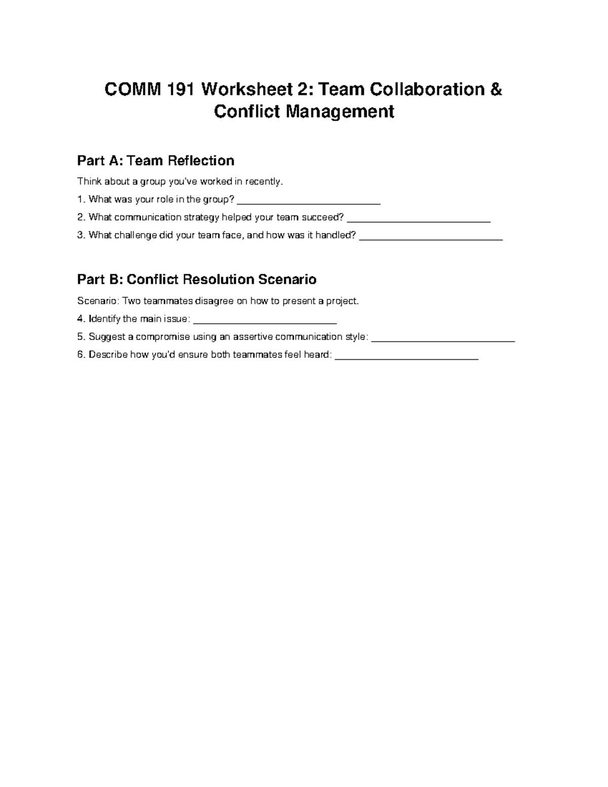 COMM191 Worksheet 2 - COMM 191 Worksheet 2: Team Collaboration ...