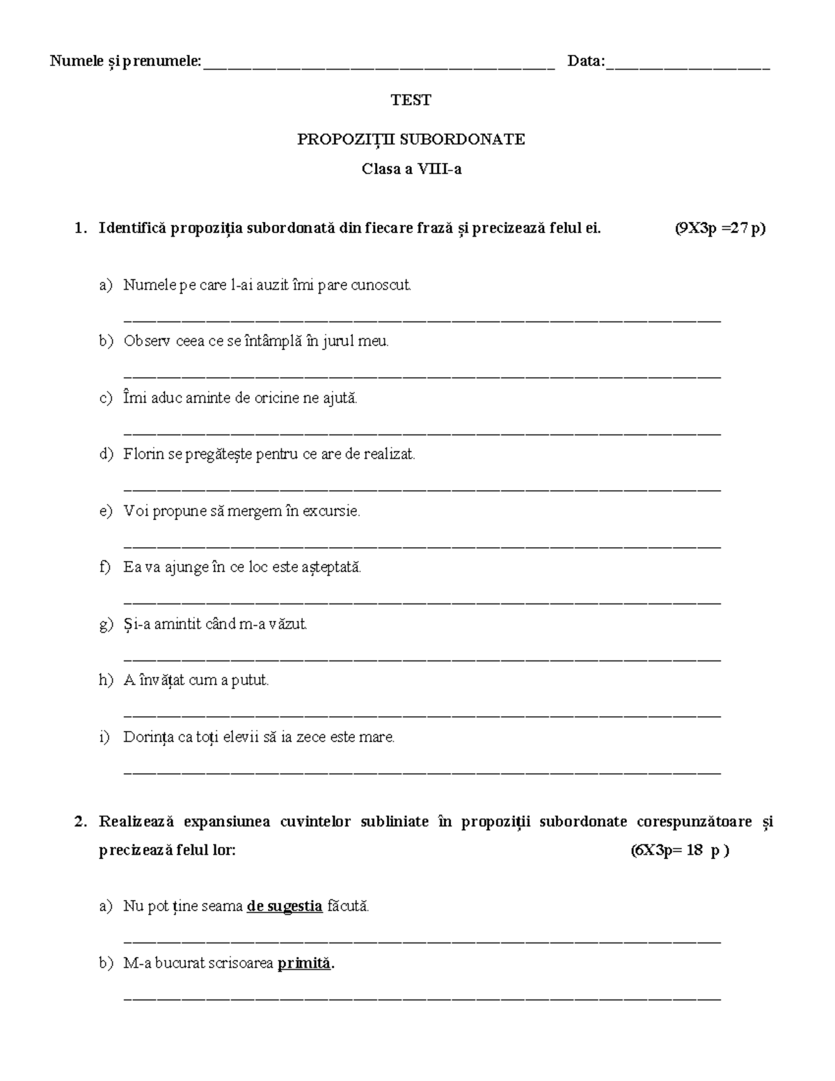 Test Propoziții Subordonate Clasa a 1 - Exerciții și Explicații - Studocu