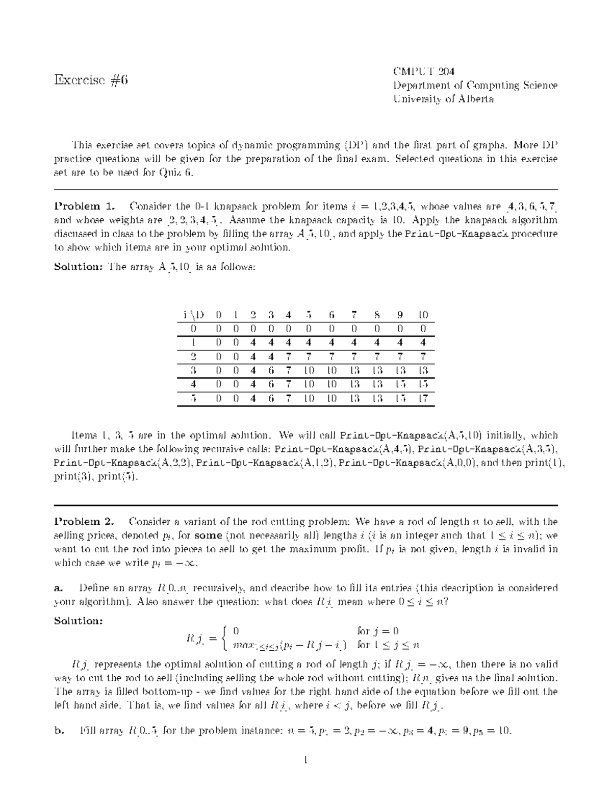 CMPUT 204 Quiz 6 Practice Solutions with Dynamic Programming Focus ...