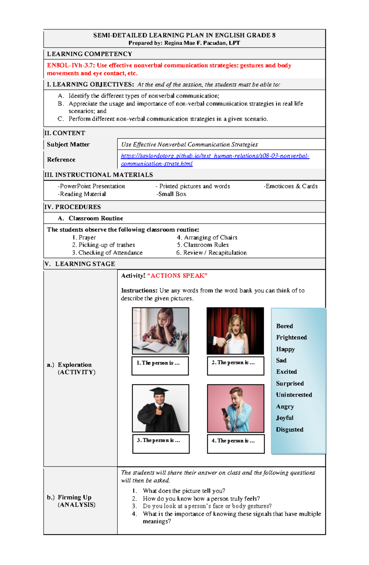Grade 8 English Learning Plan: Effective Nonverbal Communication - Studocu