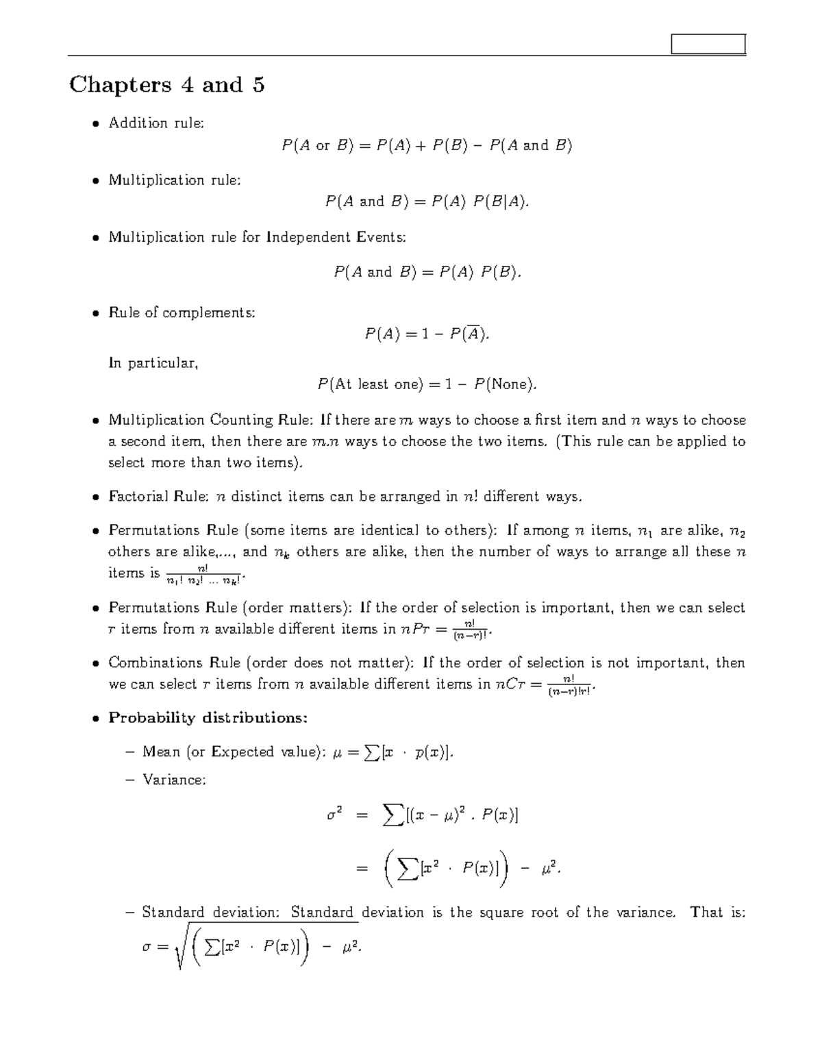 Exam 2 Formulas: Probability Rules and Counting Techniques - Studocu