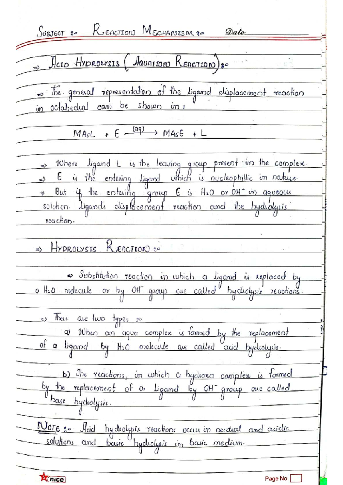 Reaction Mechanism Notes: ACIO Hydrolysis and Ligand Displacement - Studocu