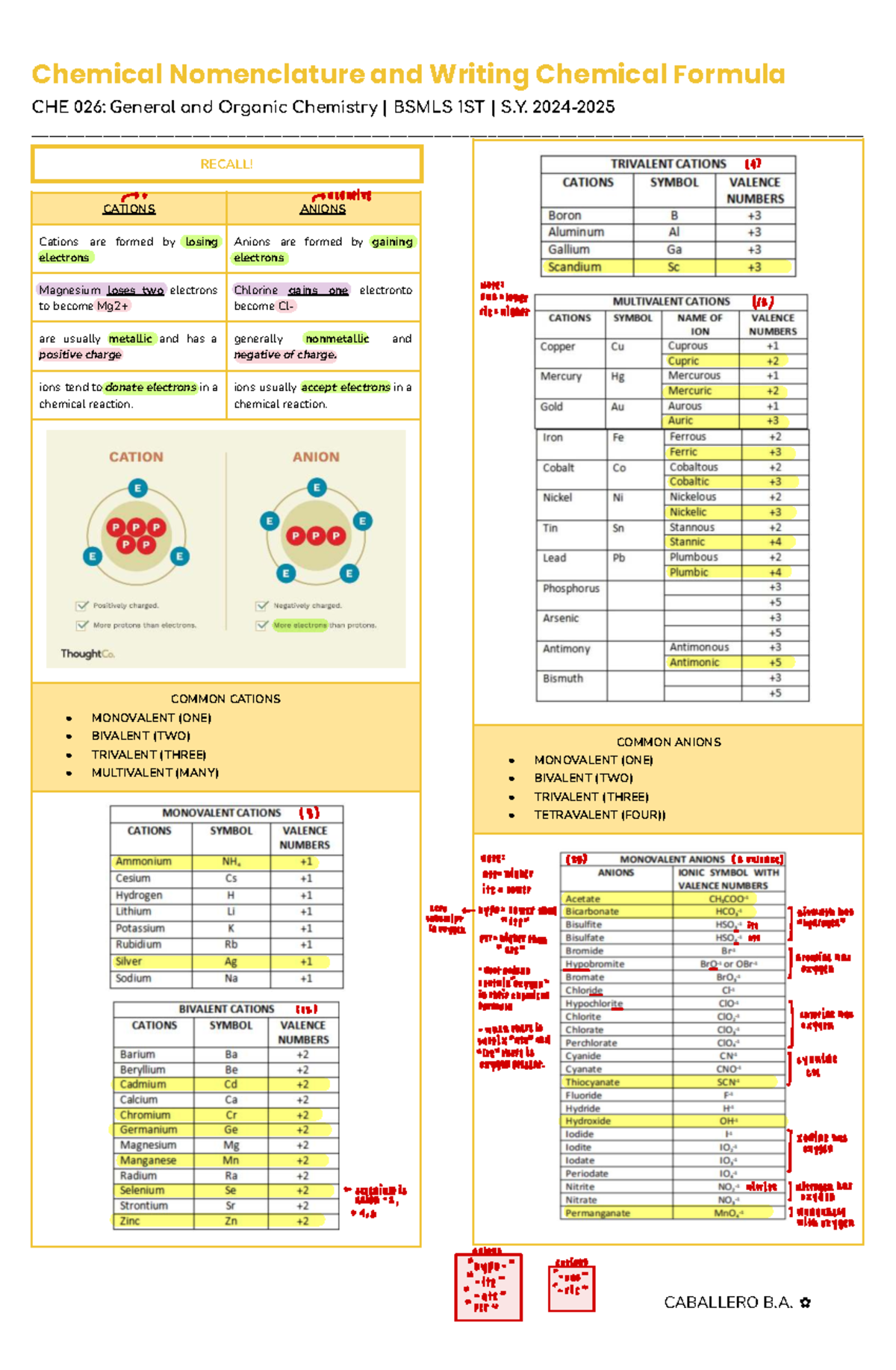 Chemical Nomenclature and Writing Chemical Formulas CHE 026: General ...