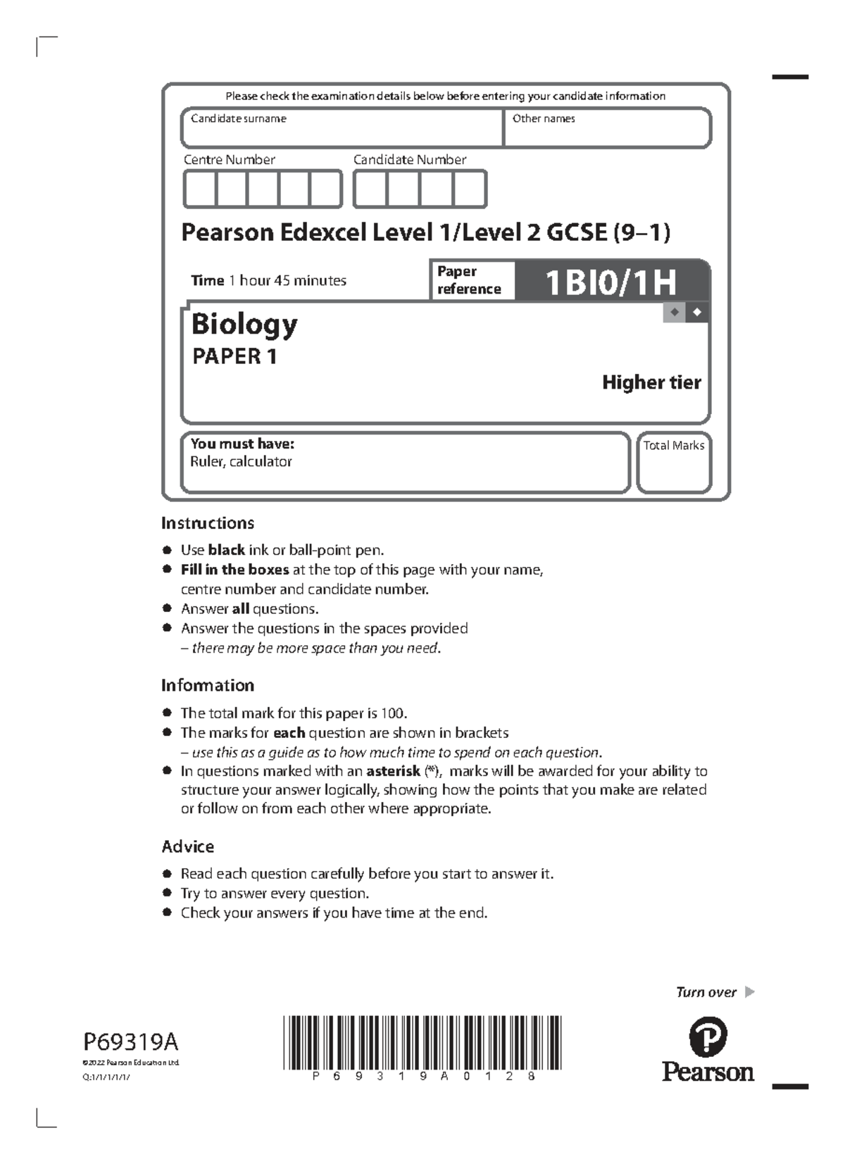 Biology 1BI0 1H Final Exam Paper - Examination Instructions and Details ...