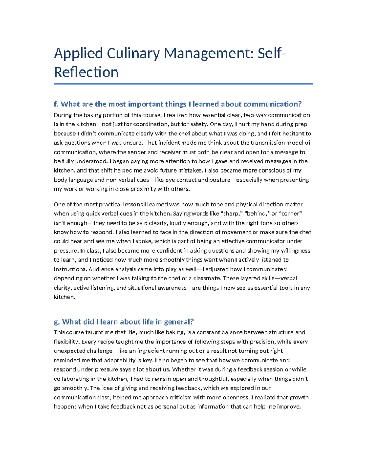 Applied Culinary Management: Self-Reflection on Communication Skills ...