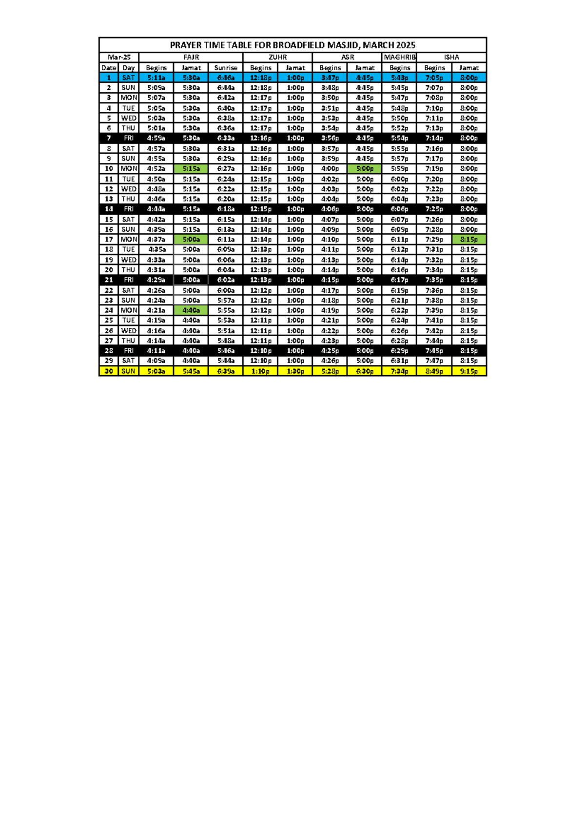 PRAYER TIME TABLE FOR BROADFIELD MASJID - MARCH 2025 - Studocu
