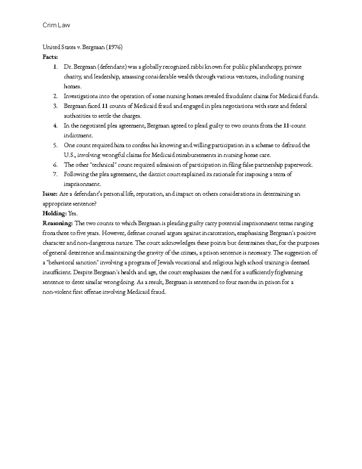 Crim Law Case Study: United States v. Bergman (1976) on Medicaid Fraud ...