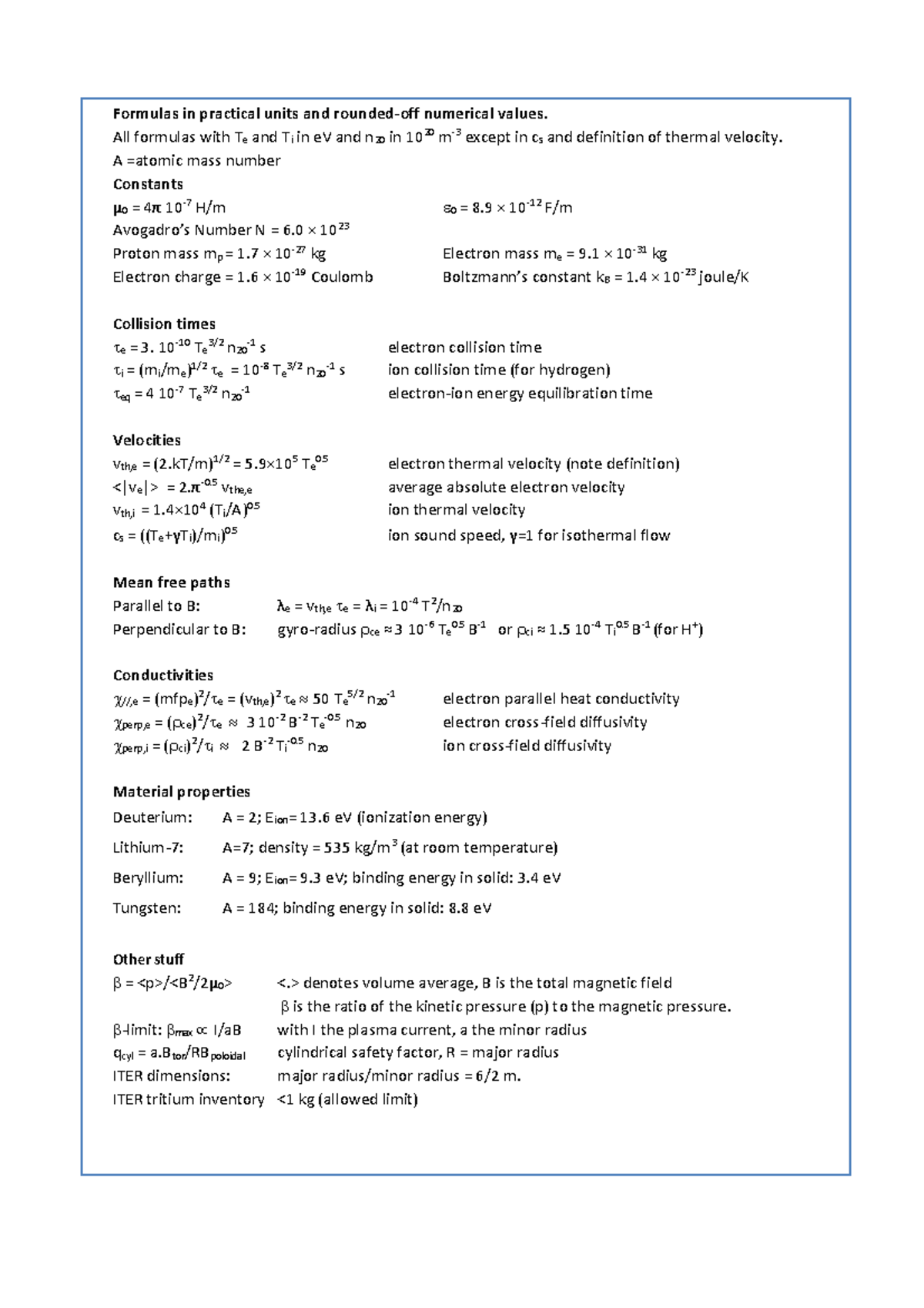 3MF120 - Essential Formula Sheet for Plasma Physics Concepts - Studeersnel