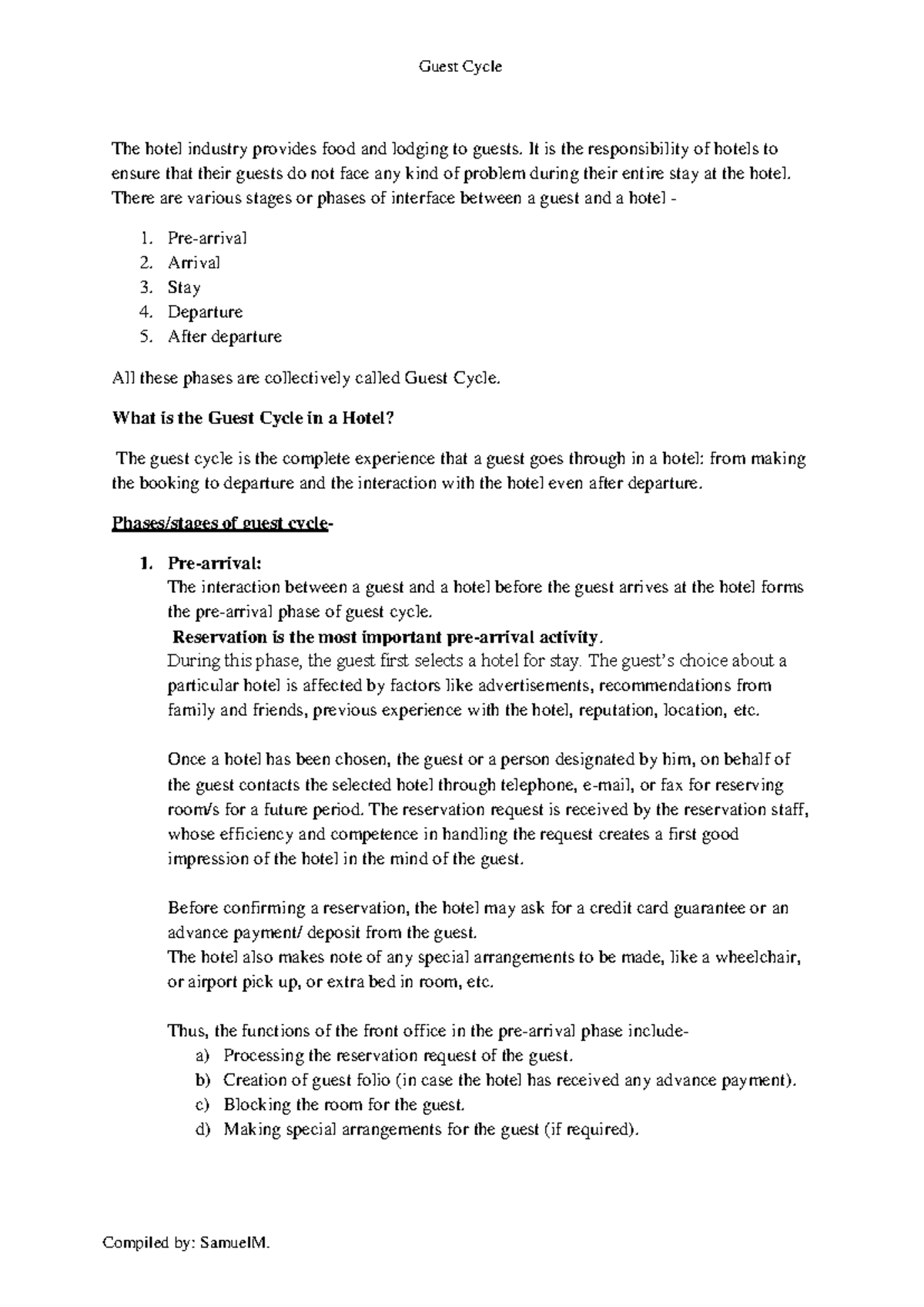 Guest Cycle for Hotel Management Trainees (Front Office) - Studocu