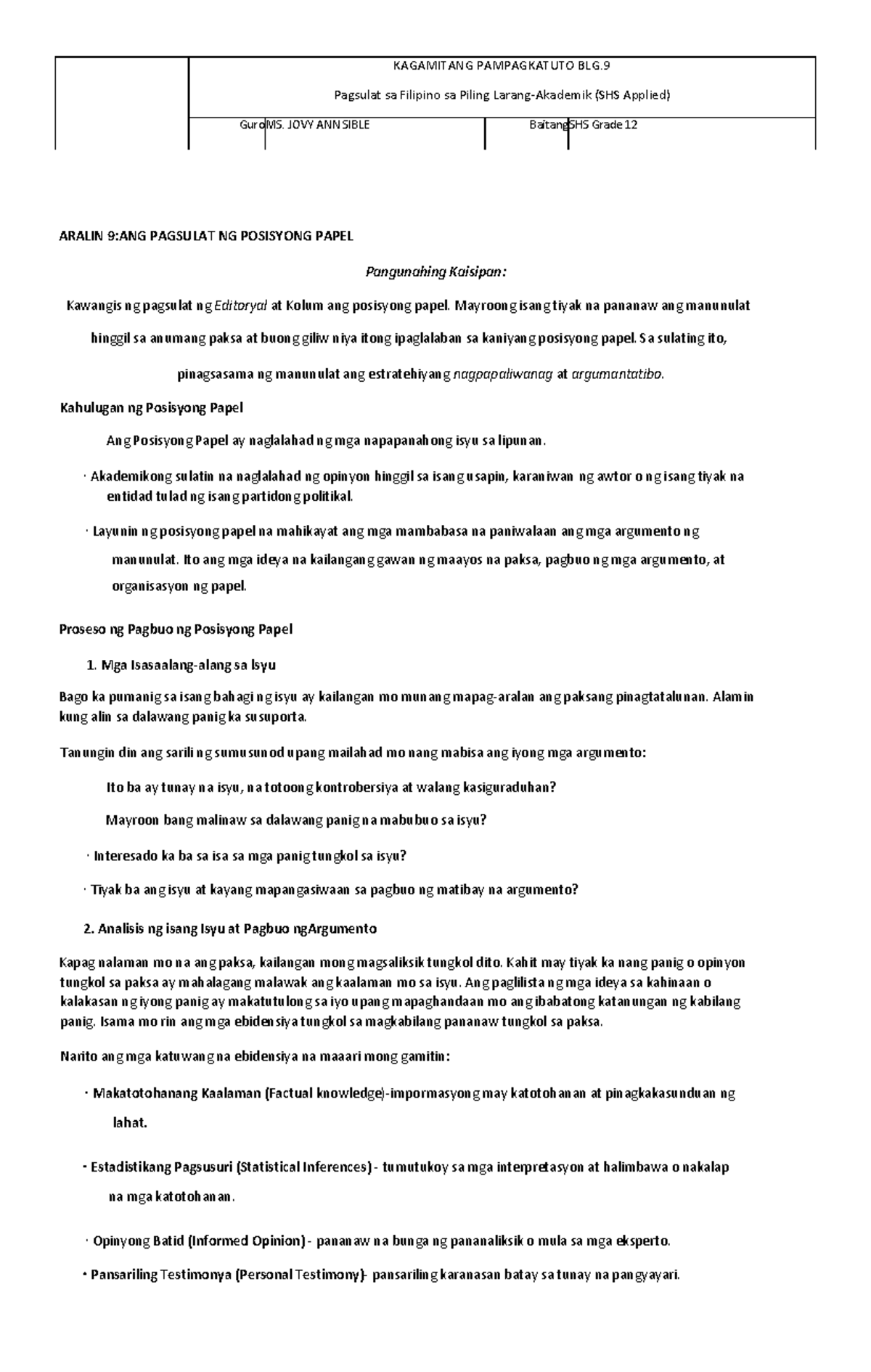 Grade 12 Module: Aralin 9 sa Pagsulat ng Posisyong Papel - Studocu