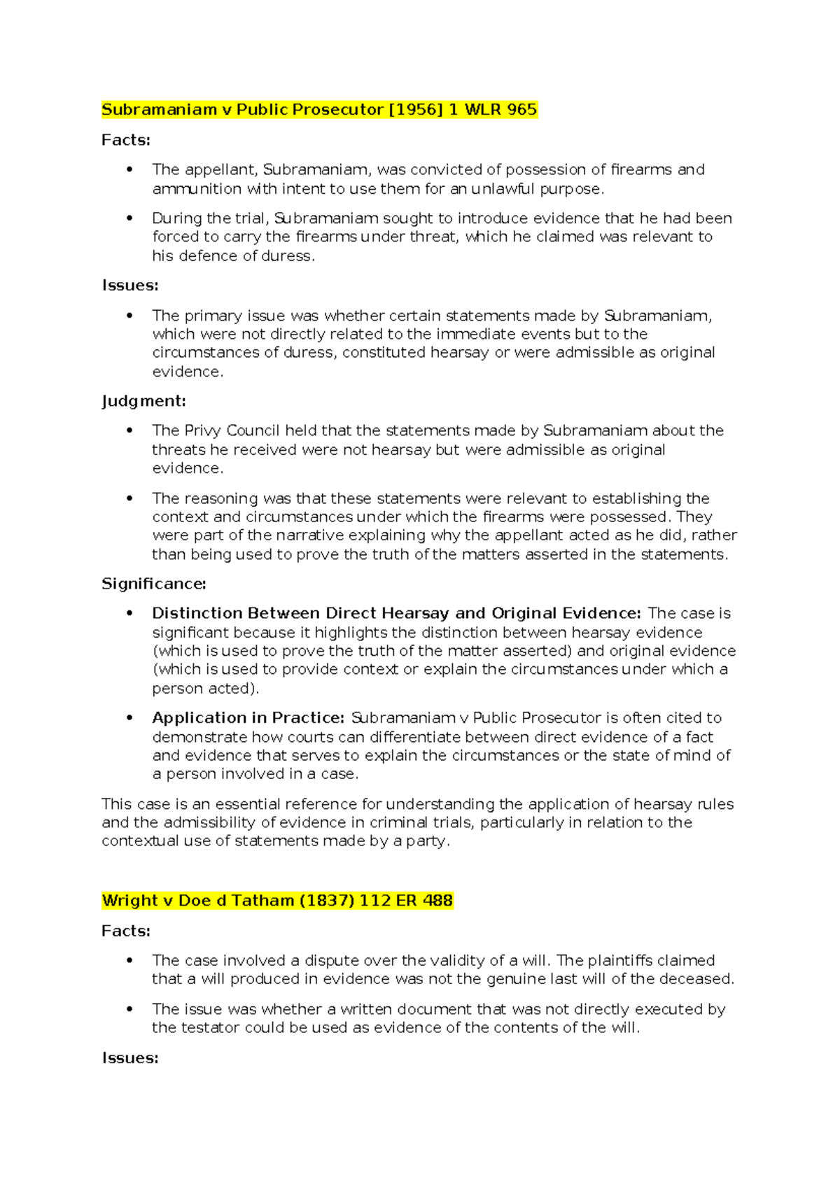 Relevant Case Law on Hearsay Evidence: Key Cases Analysis - Studocu