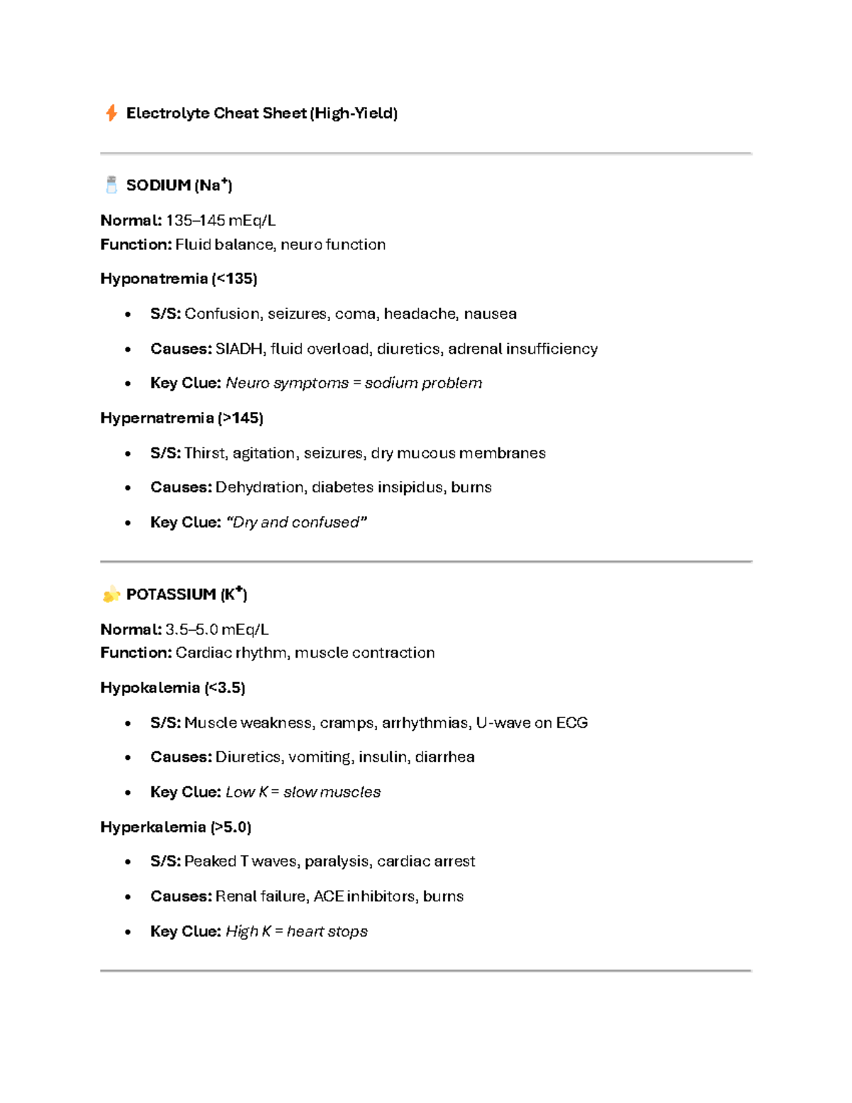 Electrolyte Cheat Sheet: Key Functions & Disorders Overview - Studocu