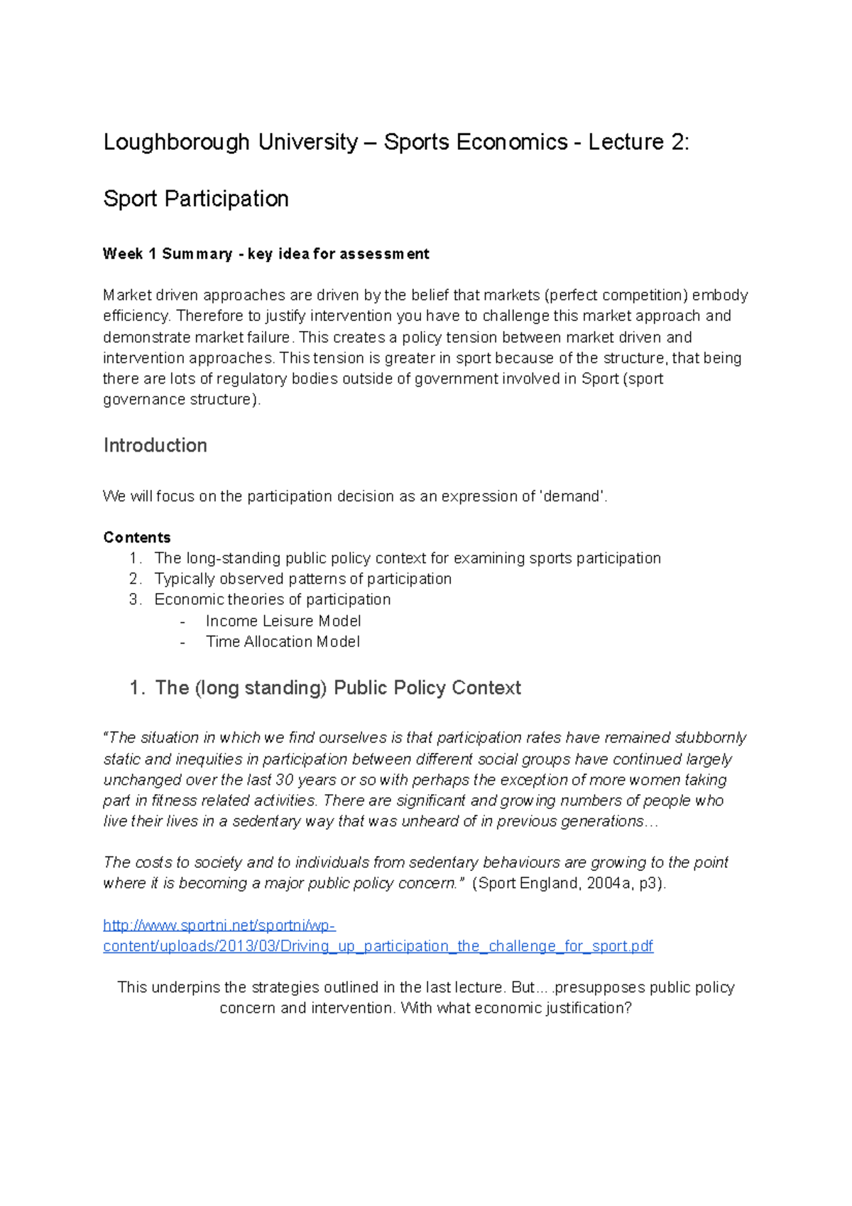 Sports Economics Lecture 2: Analyzing Sport Participation Dynamics ...