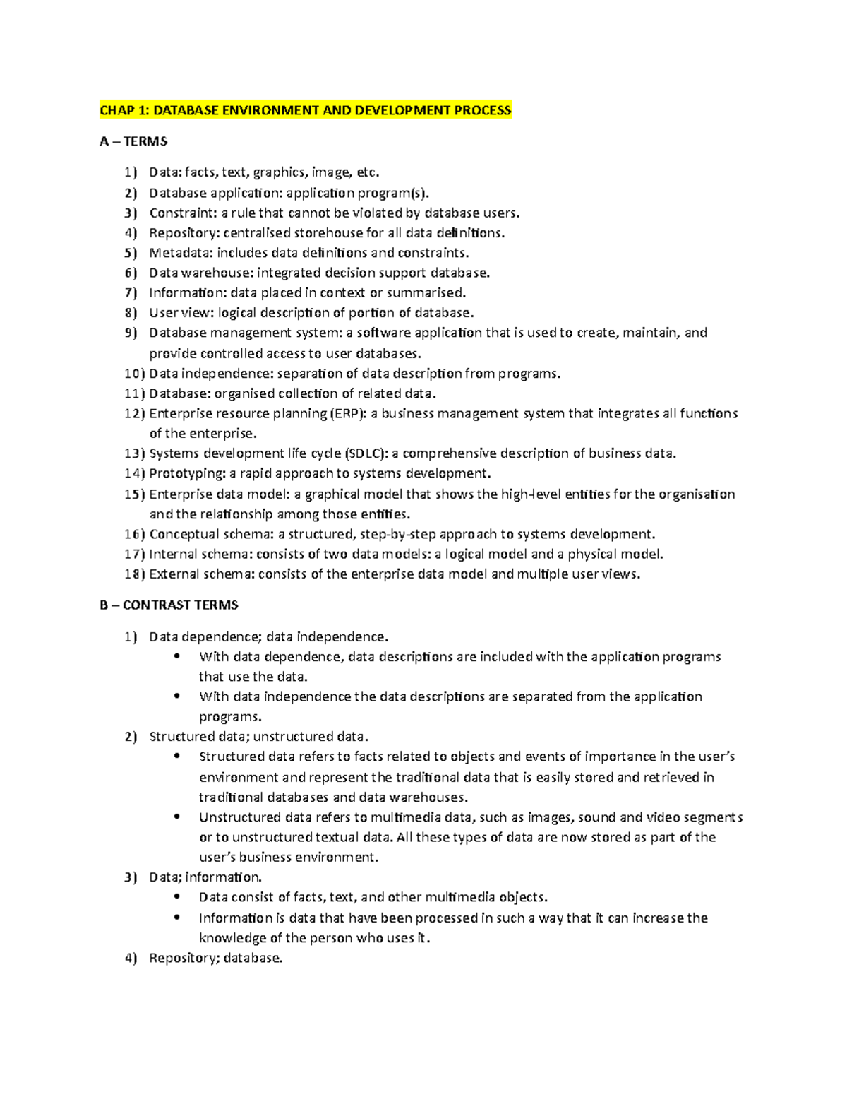 DBS-Midterm Review: Database Concepts and Key Terms - Studocu