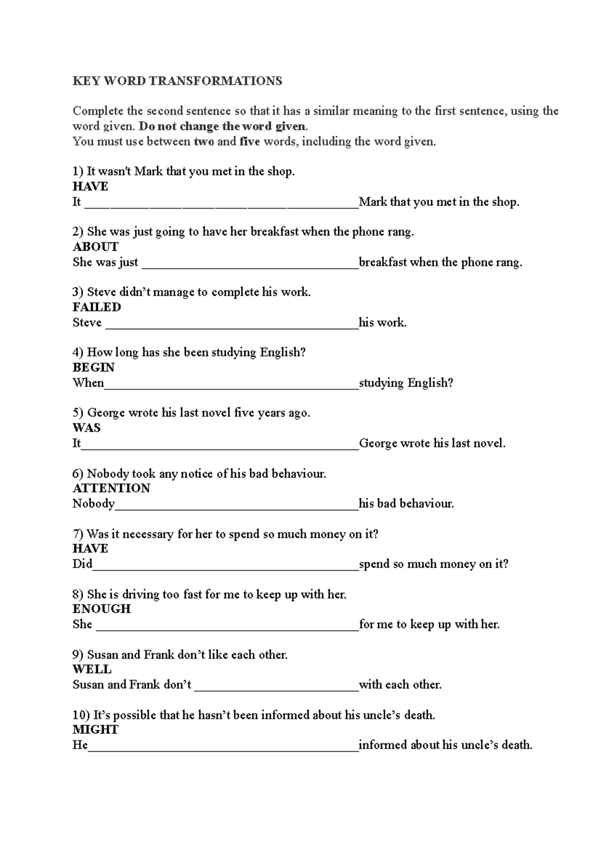 KEY-WORD Transformations Exercise for English Language Practice - Studocu