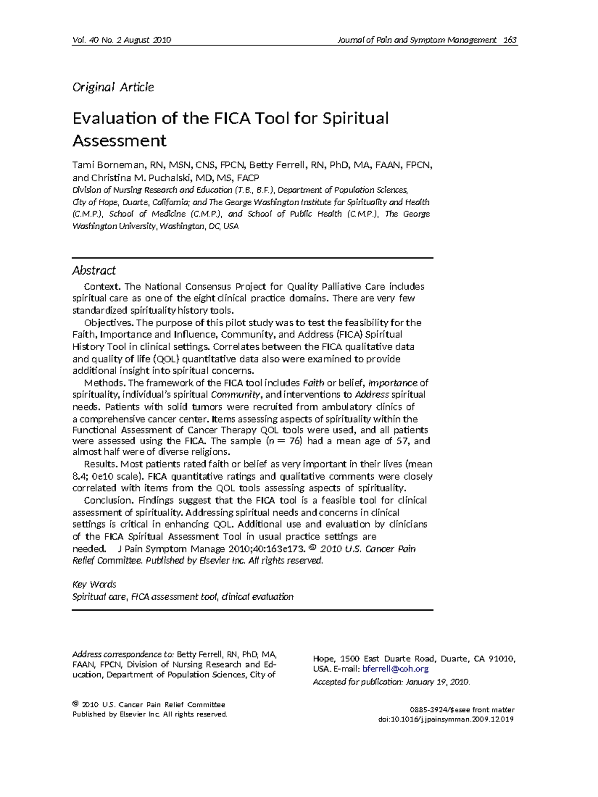 Evaluation of the FICA tool for spiritual assessment in palliative care ...