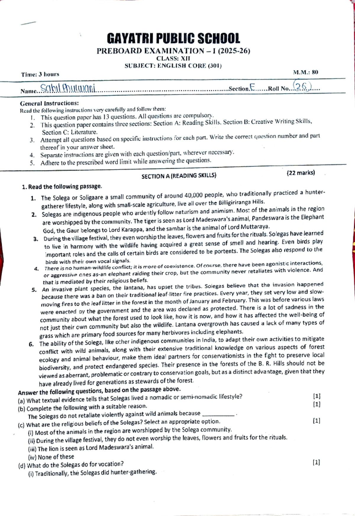 Gayatri Public School English Preboard I Class XII (301) 2025-2026 ...