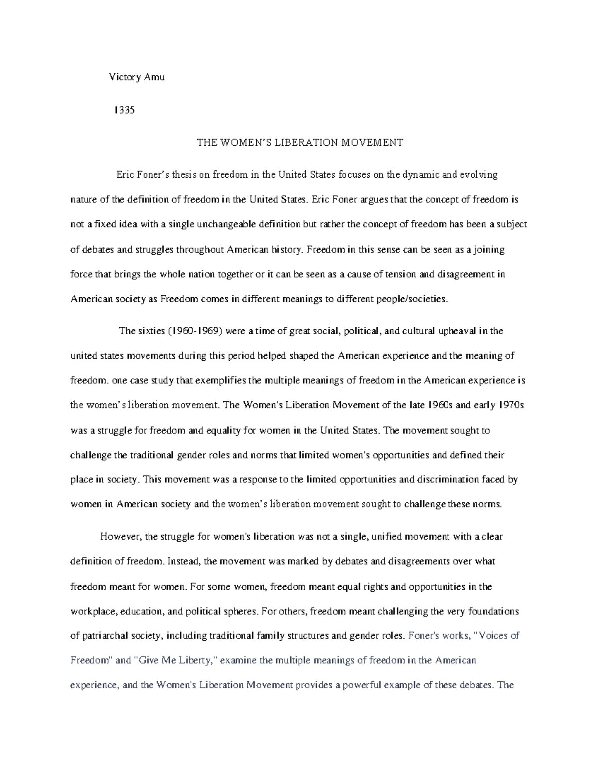 HIST 101 Final Essay: The Women's Liberation Movement Analysis - Studocu