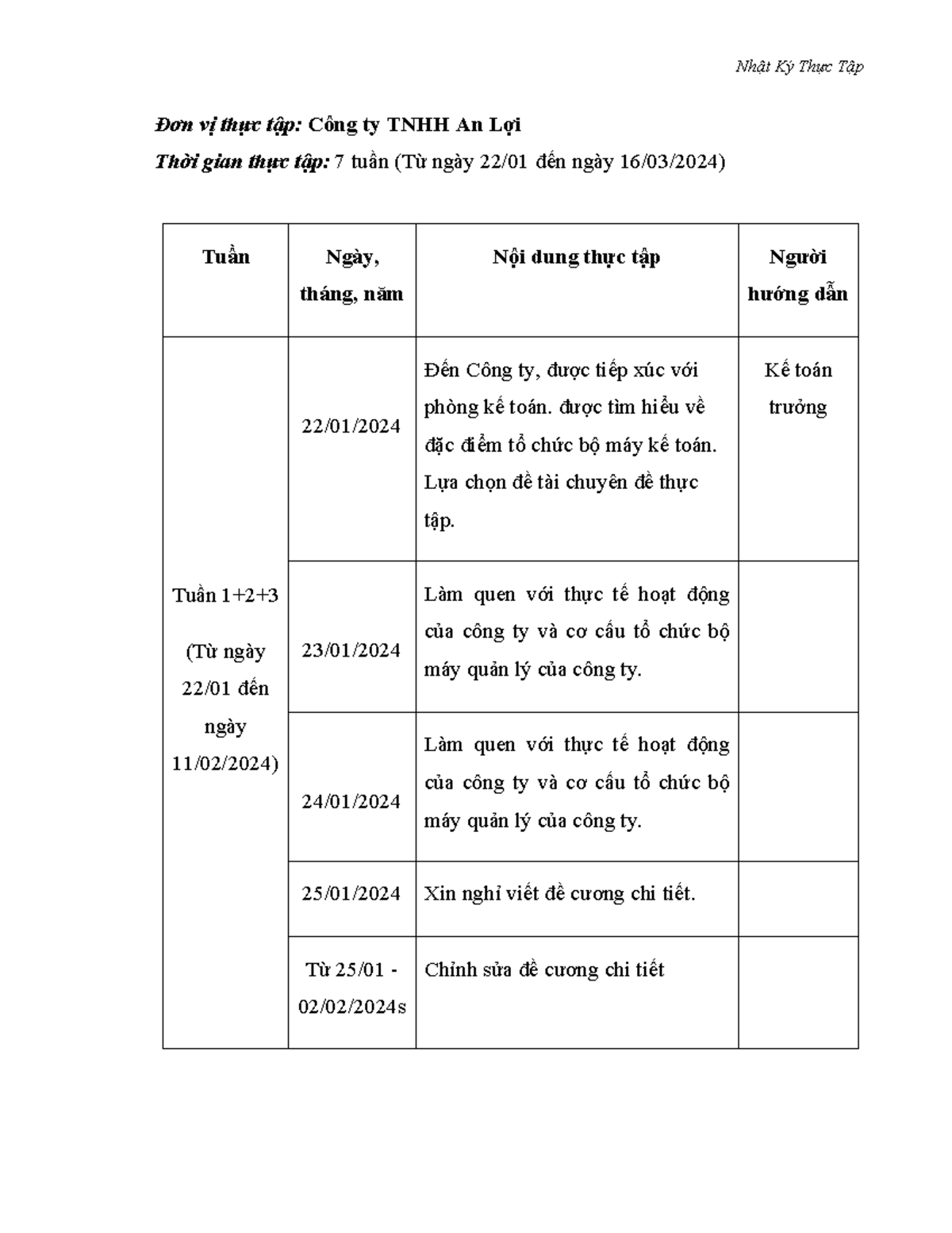 Nhật ký thực tập CN21 - nhật ký tt - Đơn vị thực tập: Công ty TNHH An ...