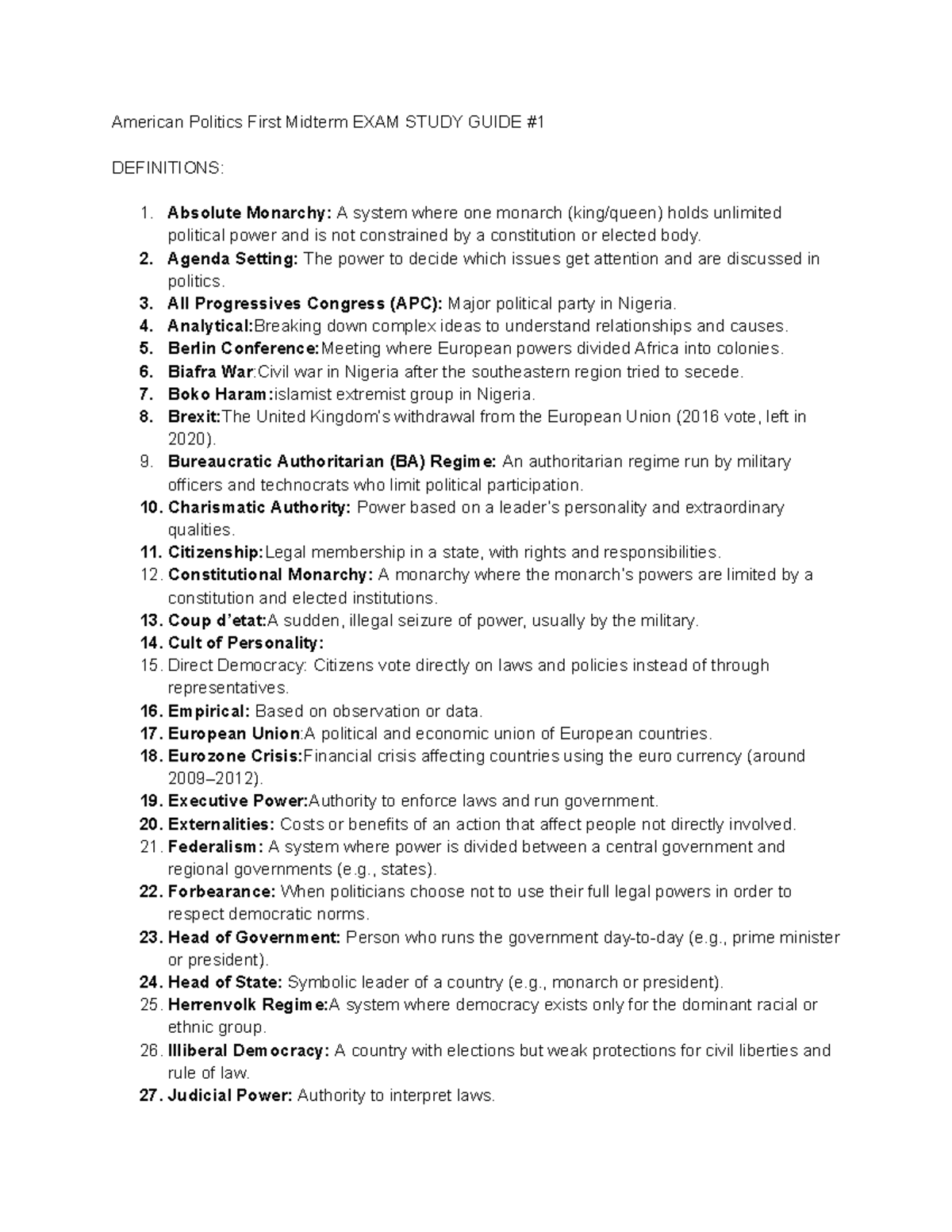 American Politics 101 First Midterm Exam Study Guide Definitions - Studocu