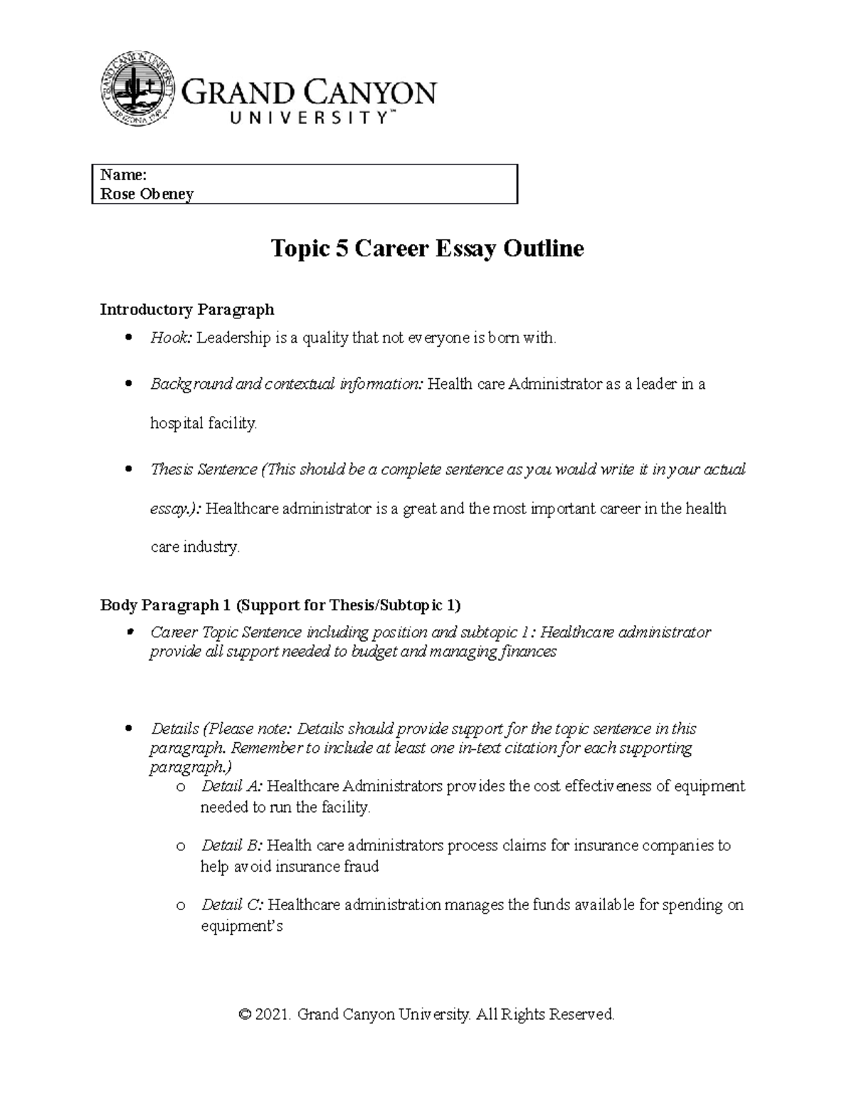 UNV 303 RS T5 Healthcare Administrator Career Essay Outline - Studocu