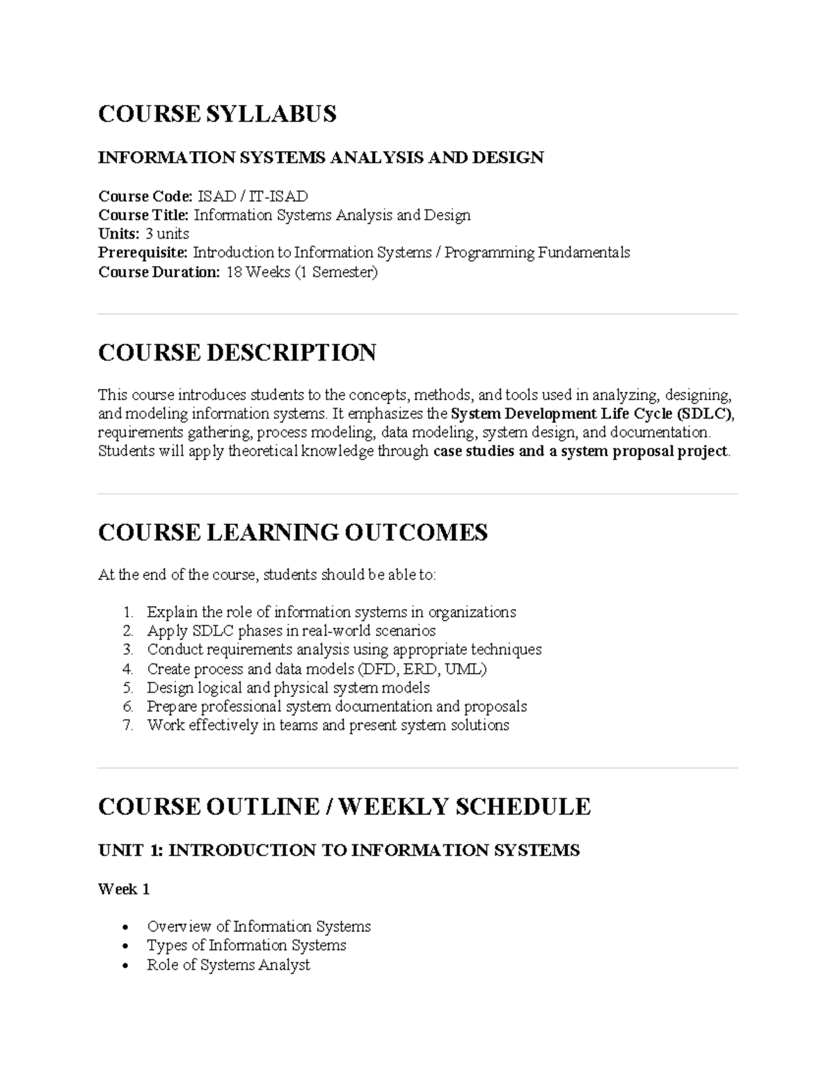 ISAD 3 Units Course Syllabus: Information Systems Analysis & Design ...