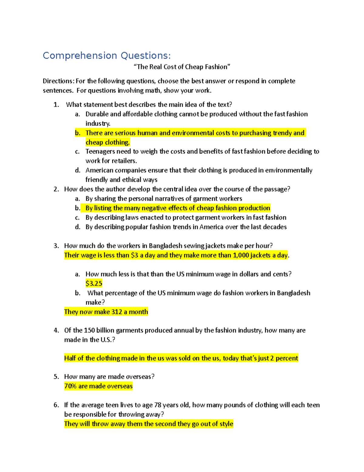 Fast Fashion Course Worksheet - Comprehension and Math Practice - Studocu