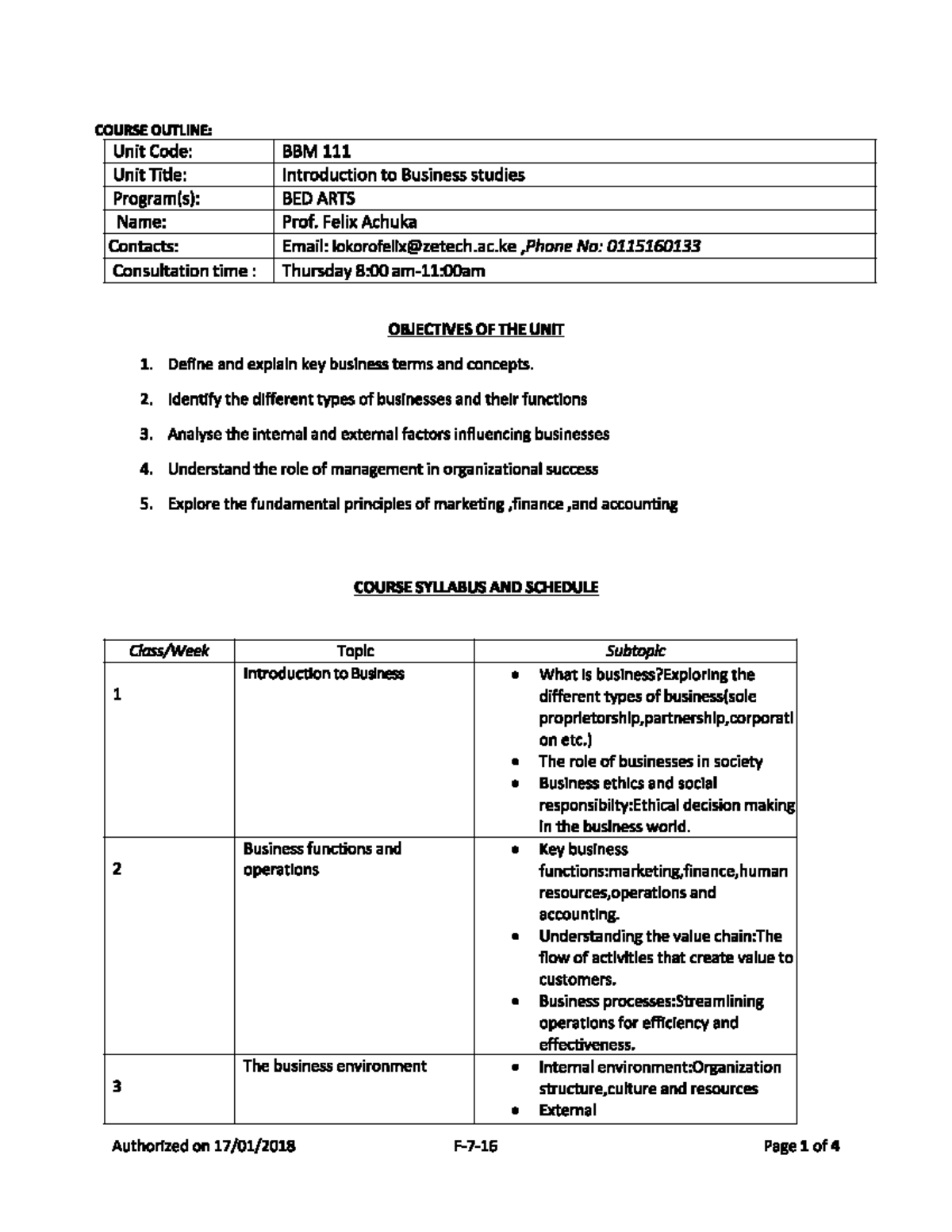 BBM 101: Course Outline for Introduction to Business Studies - Studocu