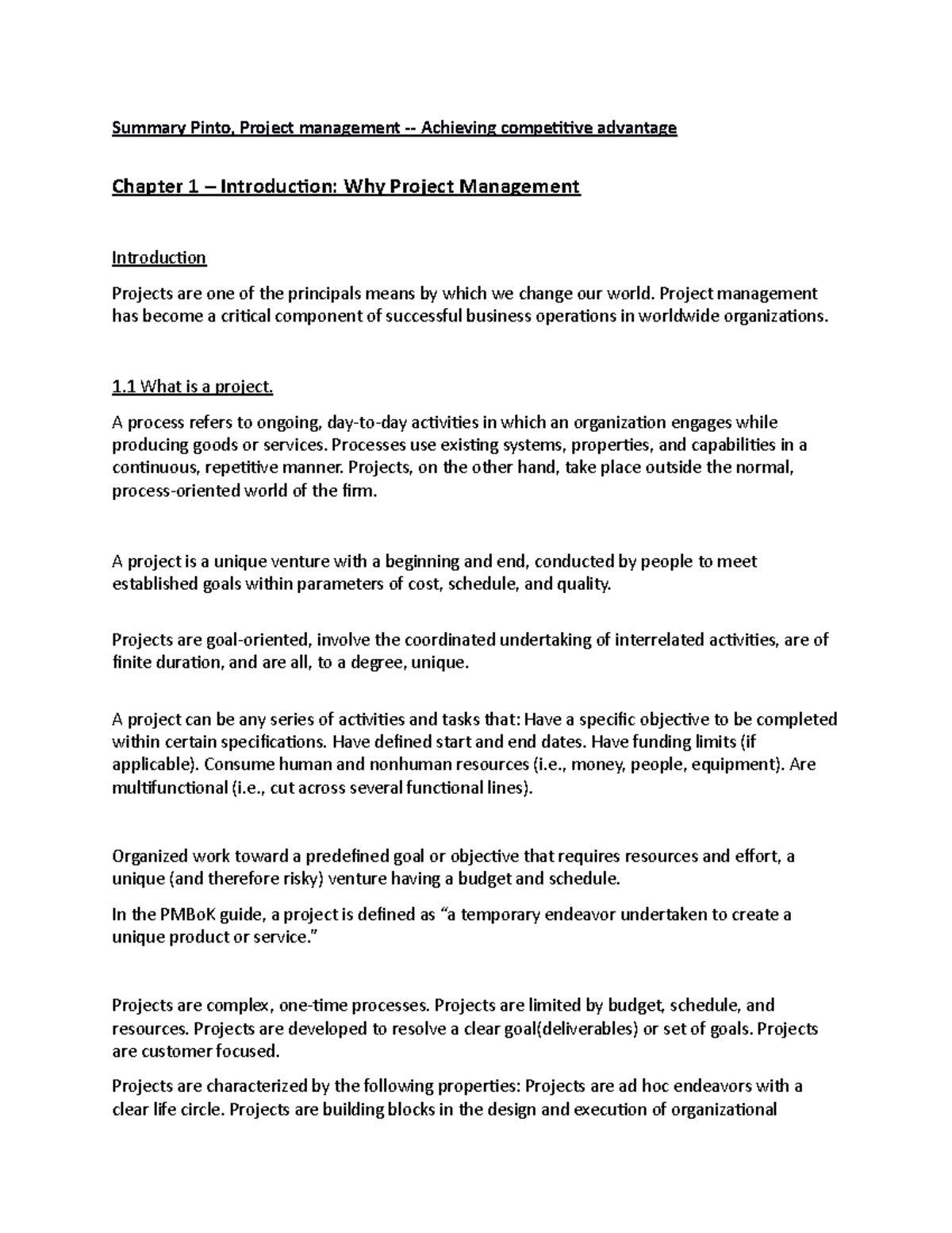 MAN204 Summary: Pinto Project Management for Competitive Advantage ...