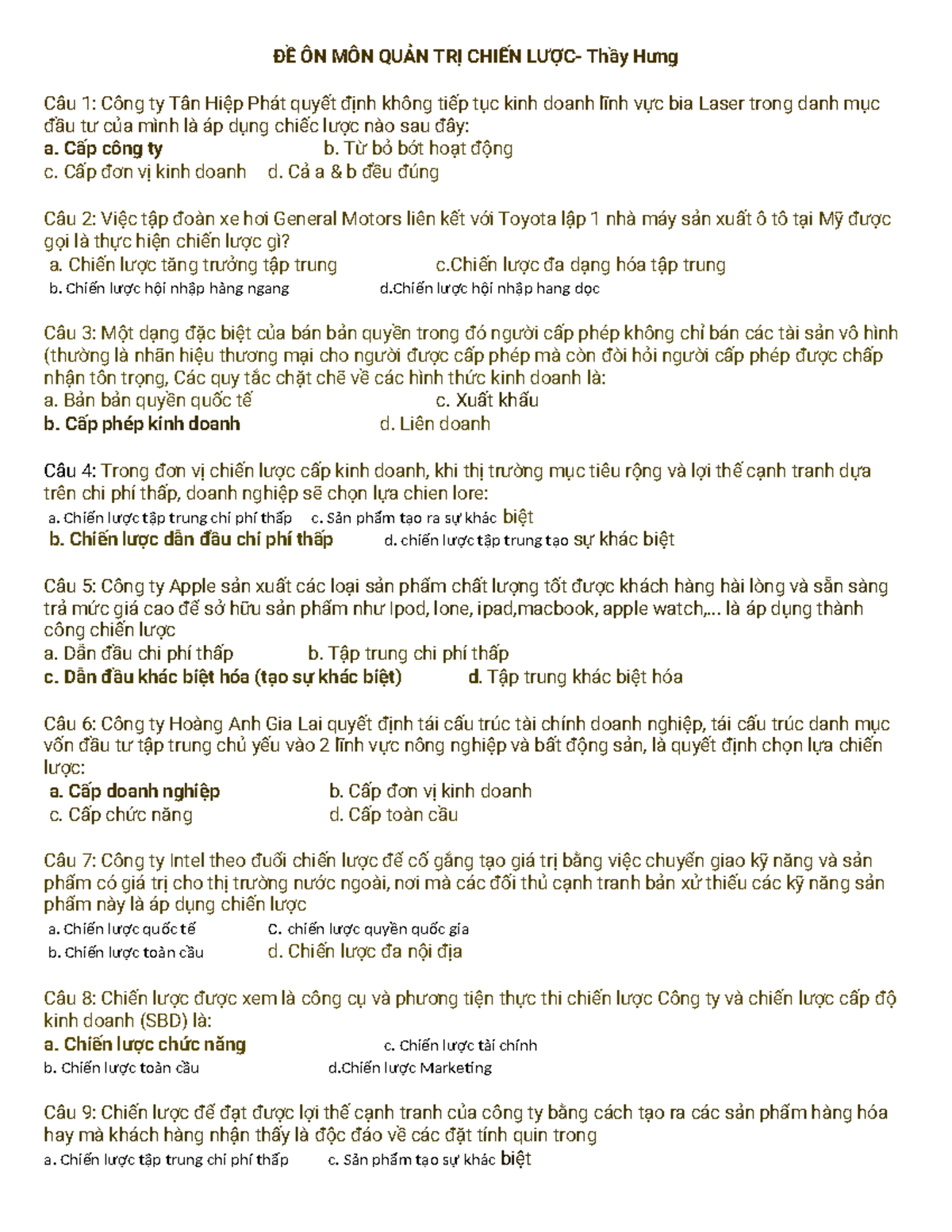 Đề ôn quản trị chiến lược - ĐỀ ÔN MÔN QUẢN TRỊ CHIẾN LƯỢC- Thầy Hưng ...