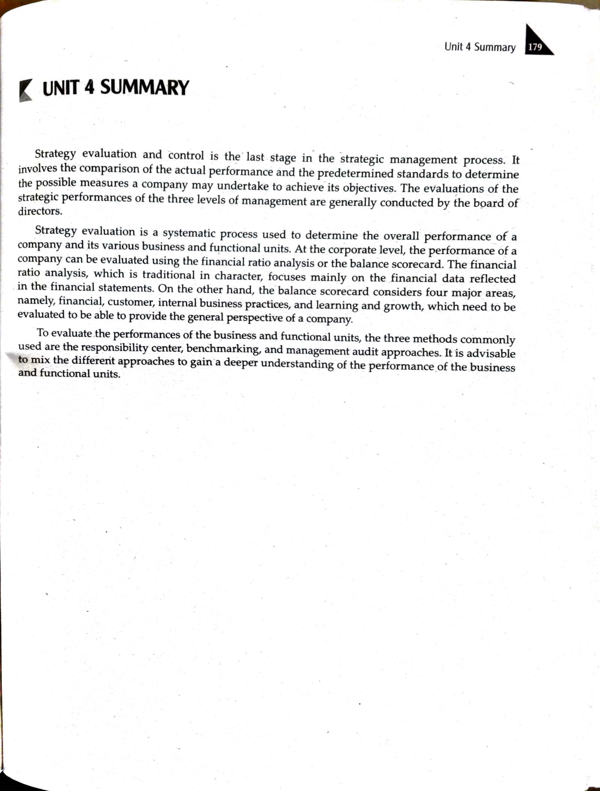 Unit 4 Summary: Strategy Evaluation and Control in Strategic Management ...