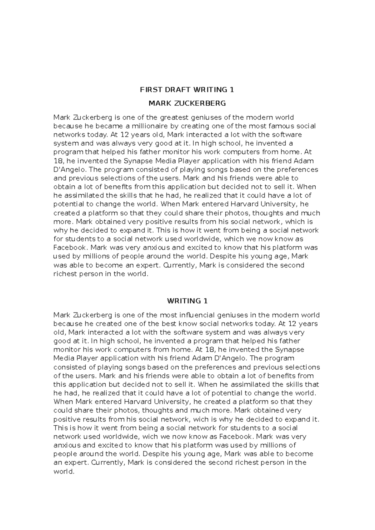 Portfolio - FIRST DRAFT WRITING 1 MARK ZUCKERBERG Mark Zuckerberg is ...
