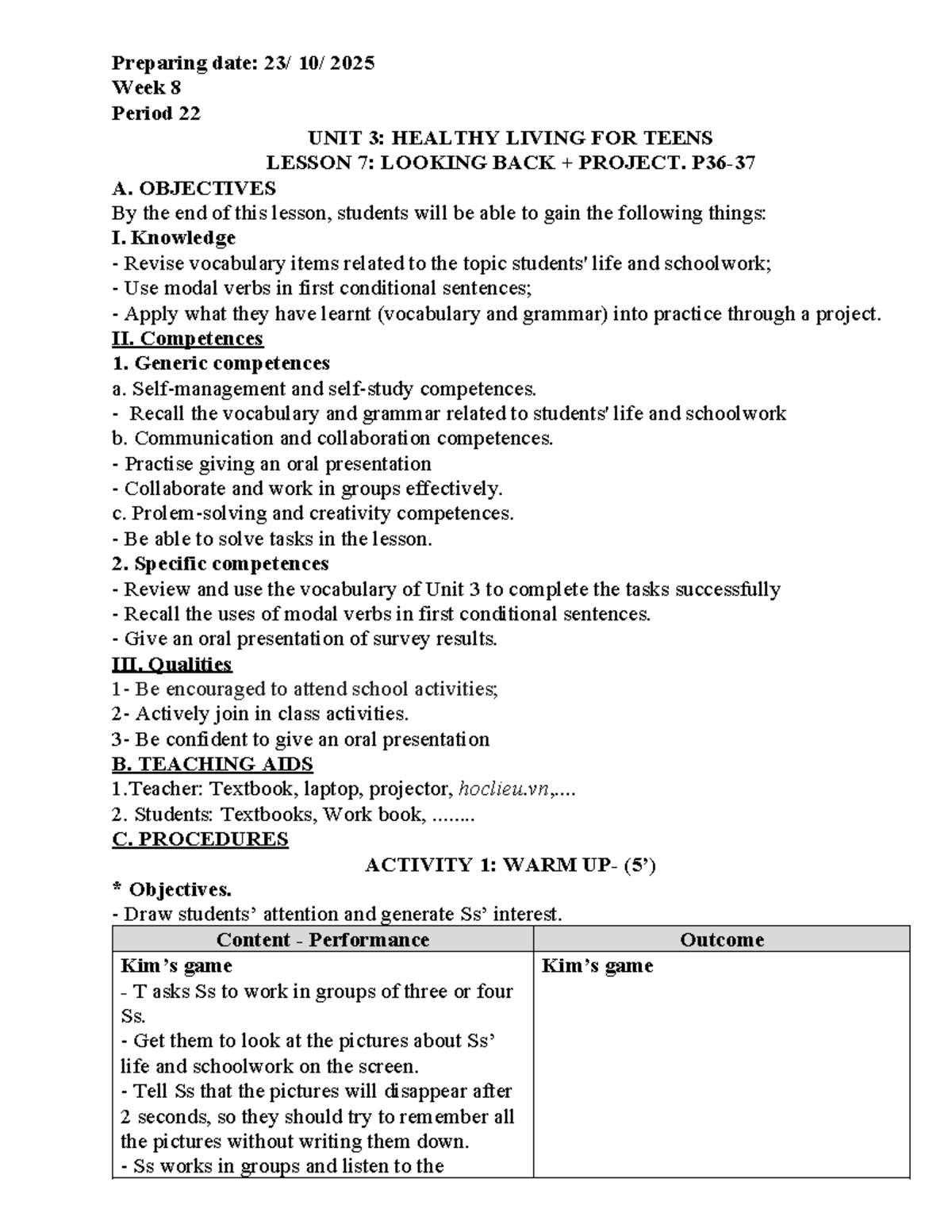 Anh 9 - Tuần 8: Healthy Living for Teens - Lesson 7 Project Overview ...