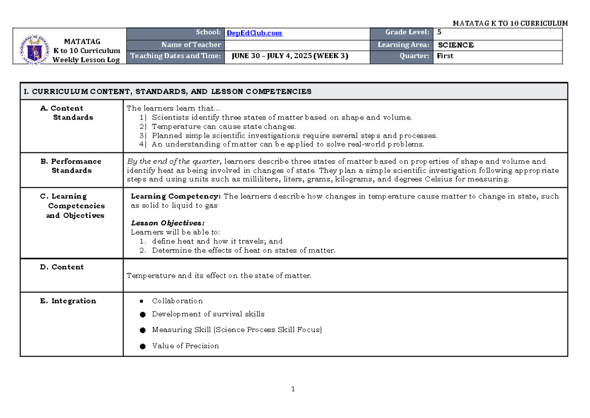 DLL Matatag Science 5 Q1 Week 3 Lesson Log on States of Matter - Studocu