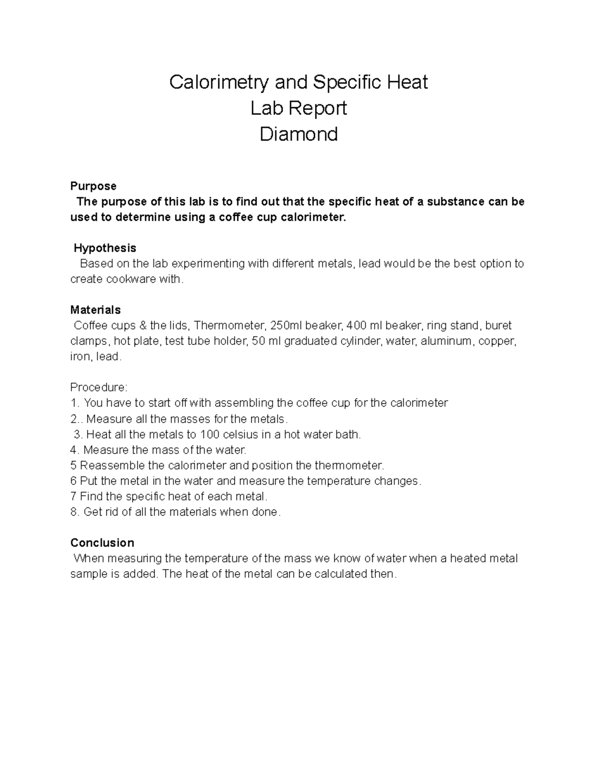 Copy of Copy of Science Lab Format - Calorimetry and Specific Heat Lab ...