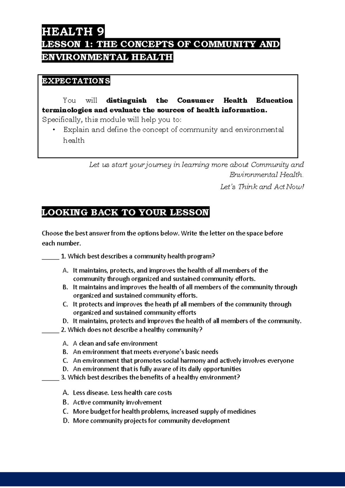 Health-9 - lesson - HEALTH 9 LESSON 1: THE CONCEPTS OF COMMUNITY AND ...